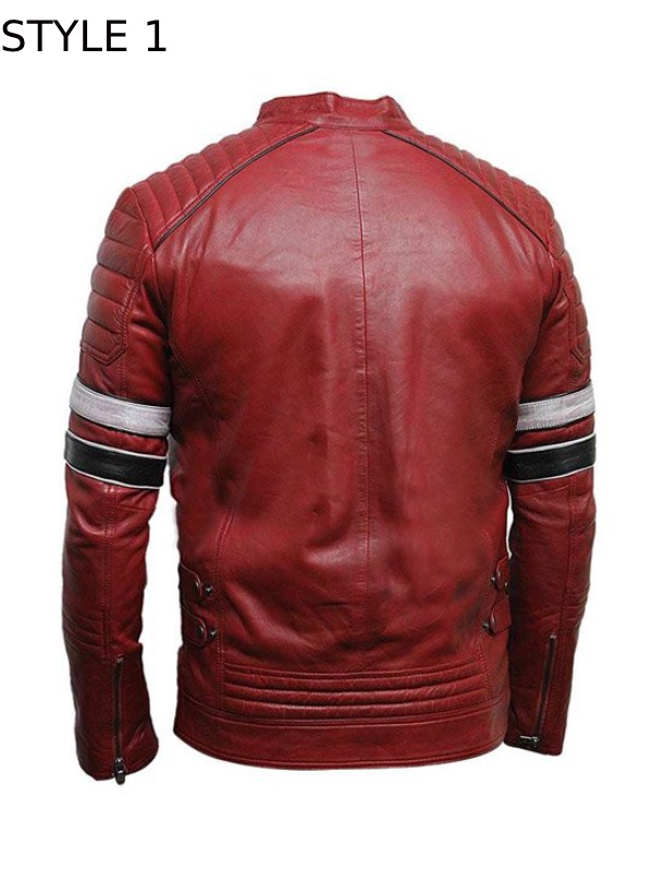 Striped Detailed Mens Striped Red Cafe Motorcycle Leather Jacket